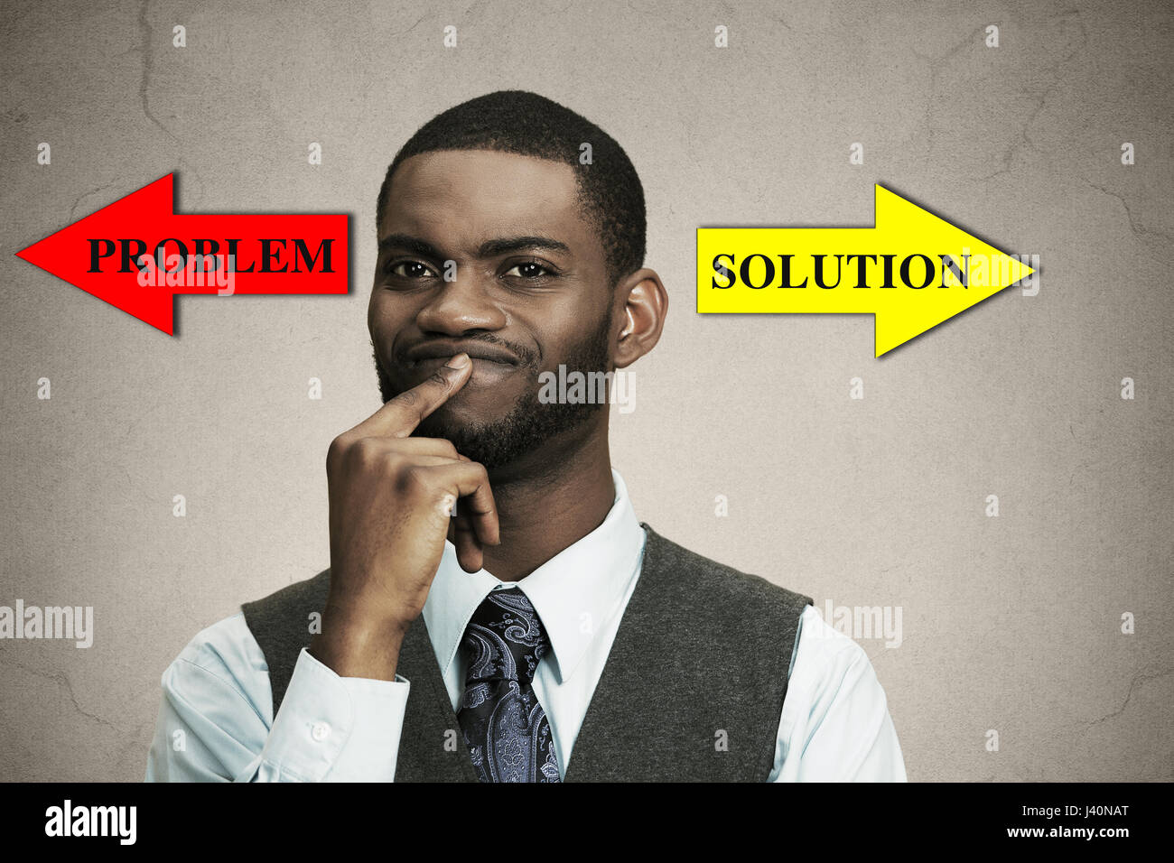 Closeup portrait business man thinking about something, finger on lips ...