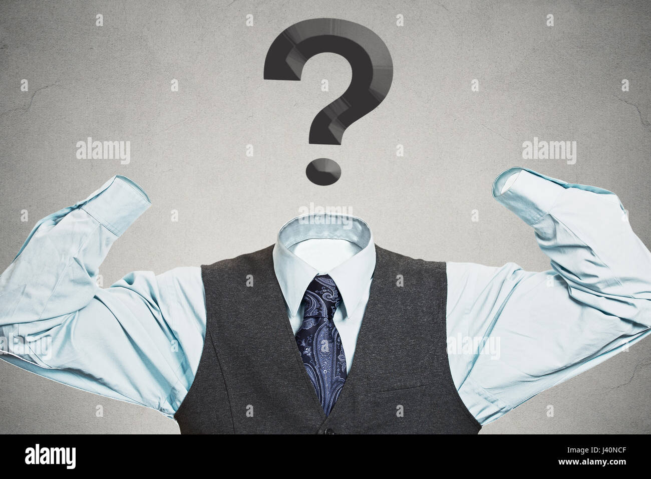 Desperate businessman with question mark instead of head has no hands ...