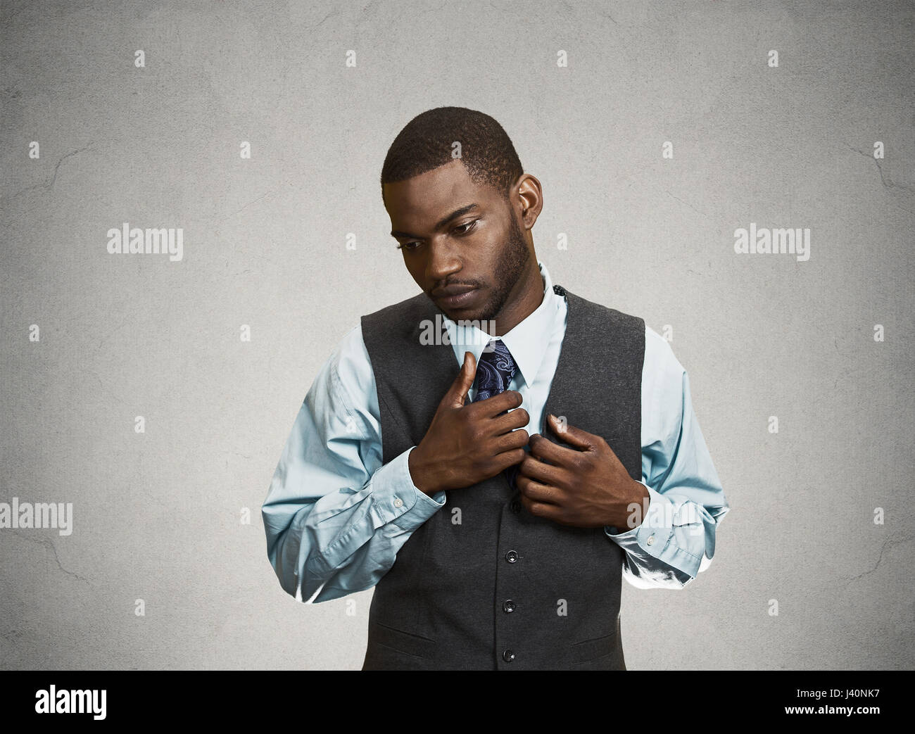 Closeup portrait young, funny looking corporate man very timid, shy ...