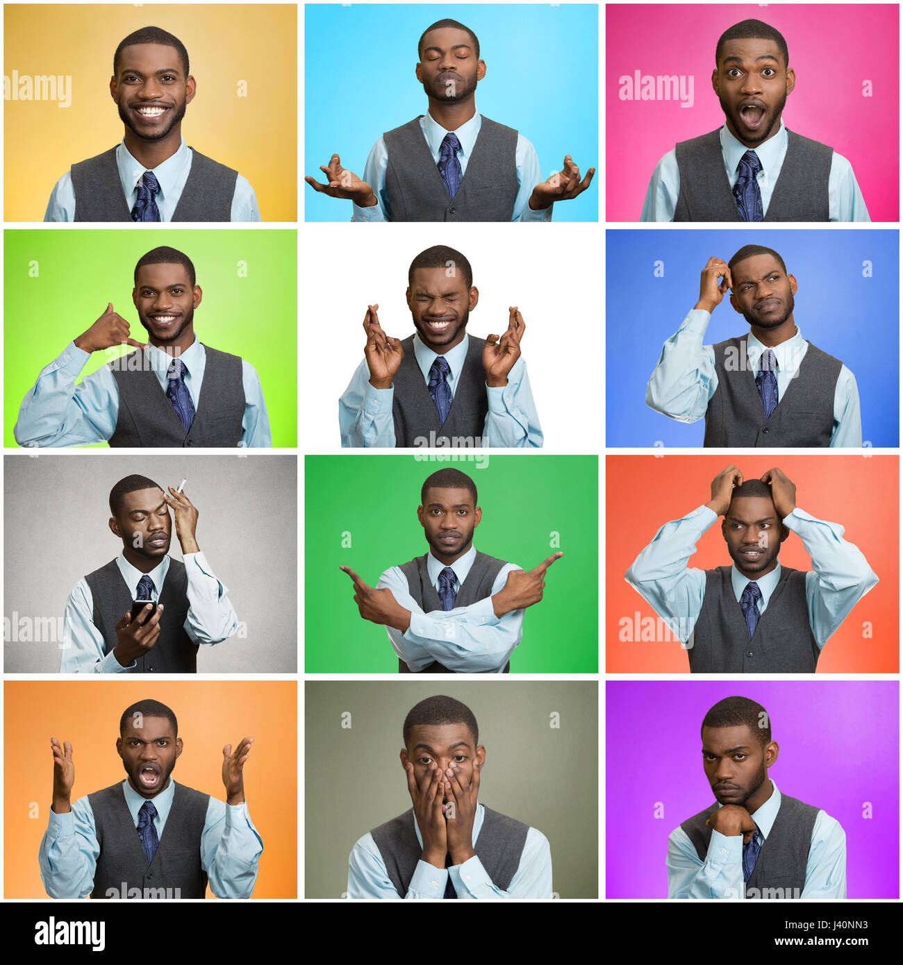 Mosaic, collage young handsome business man expressing different ...