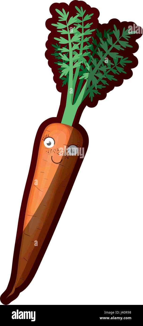 white background with realistic carrot caricature with stem and leaves ...
