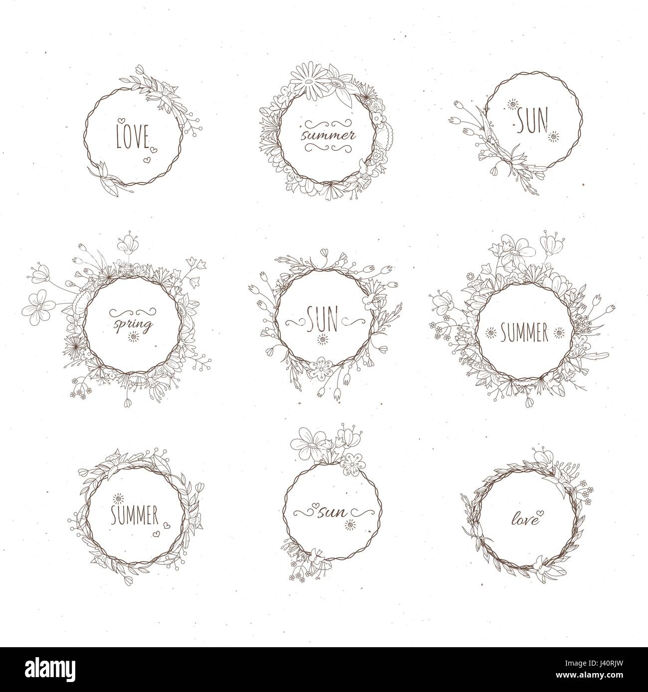 Rustic hand drawn flower elements set. Vector floral doodles, branches ...