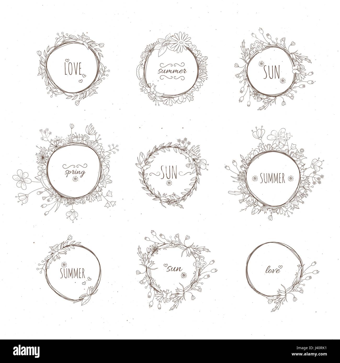 Rustic hand drawn flower elements set. Vector floral doodles, branches ...
