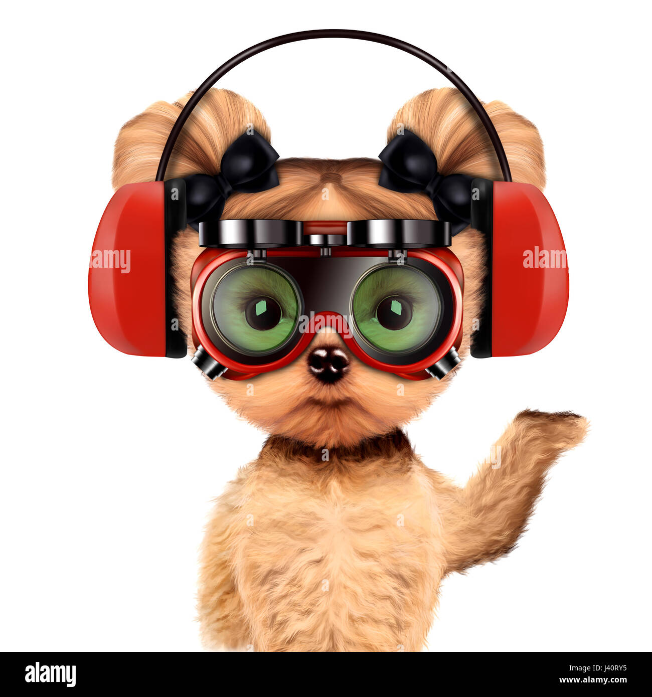 Funny dog with earphones and protective goggles isolated on white ...