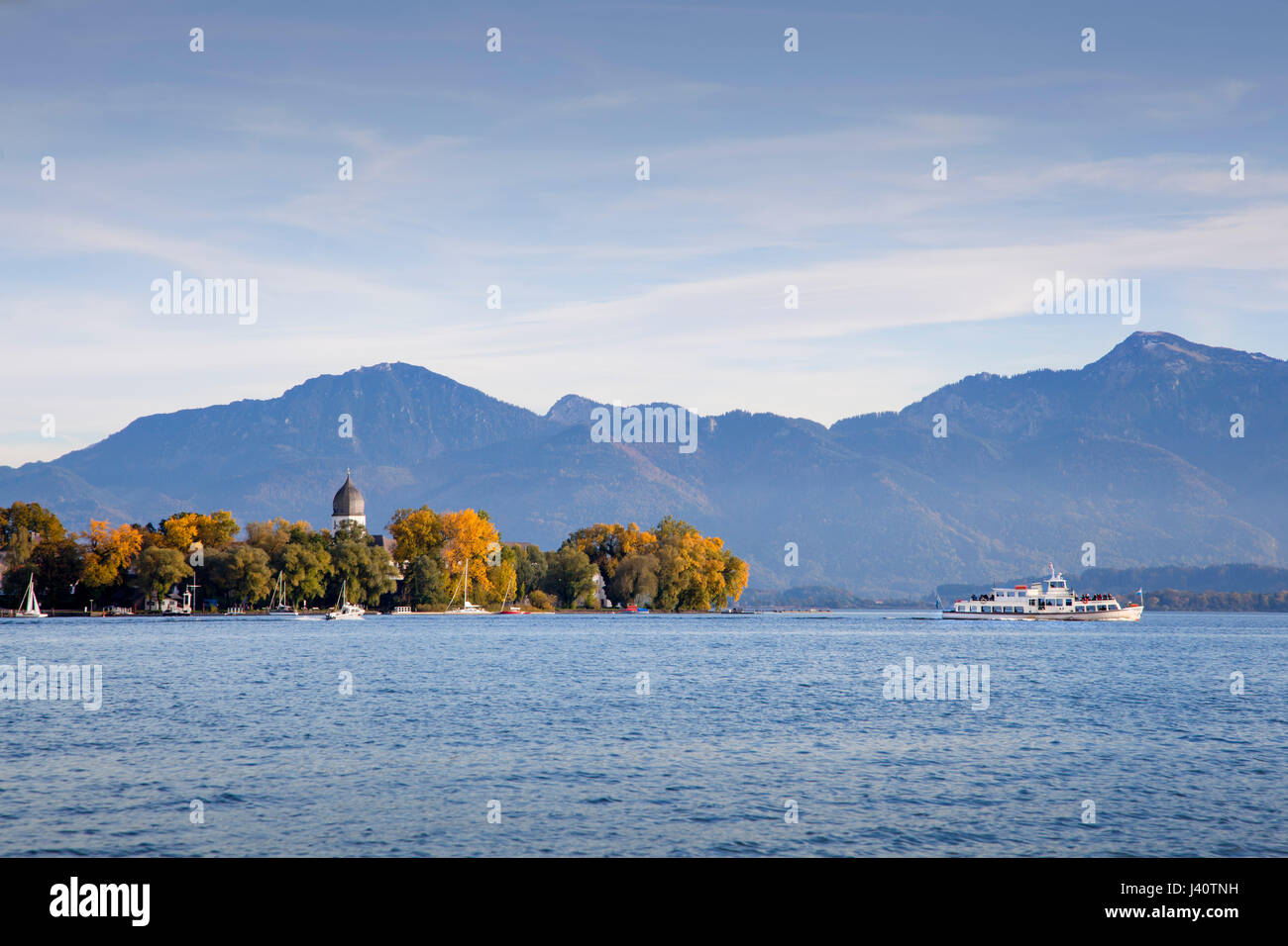 Excursion ship on Chiemsee near Fraueninsel, near Gstadt, Chiemsee ...