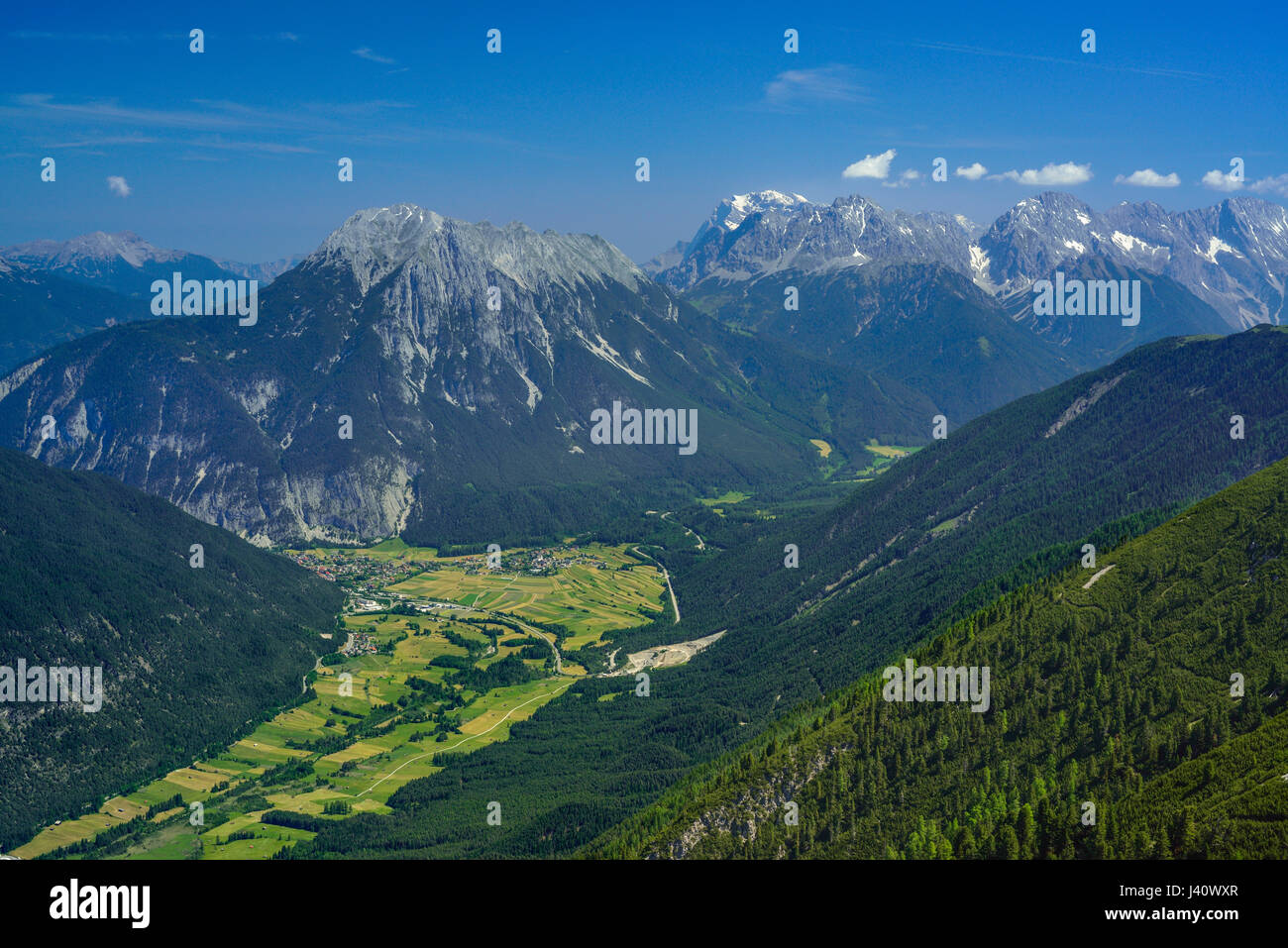 View from Tschirgant over Gurgl valley to mountain scenery, Mieming ...