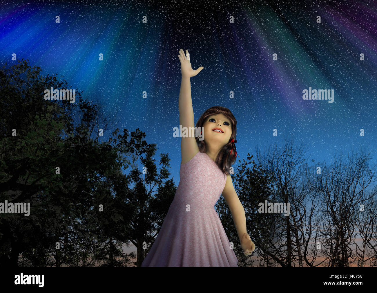3d illustration of a young girl reaching for the stars in hope and full ...
