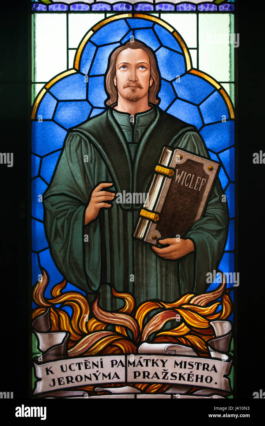 Jerome of Prague depicted in the stained-glass window in the ...