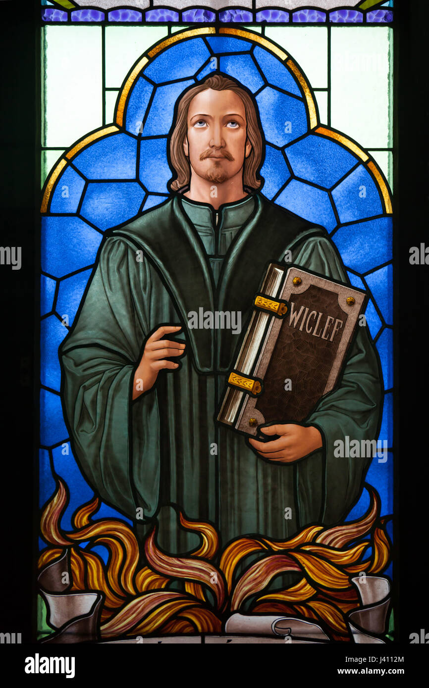 Jerome of Prague depicted in the stained-glass window in the ...