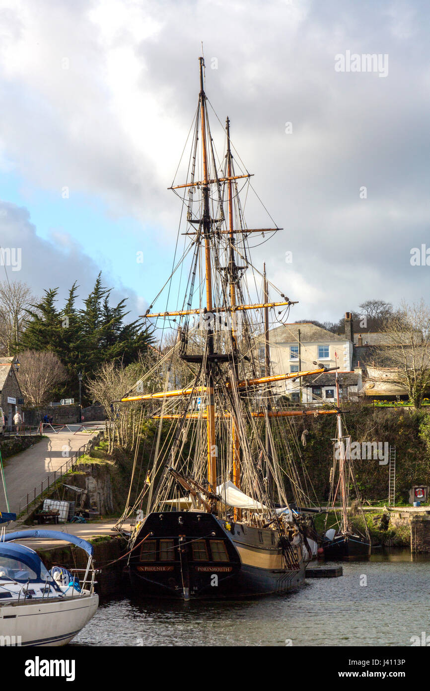 The tall ship 'Phoenix' berthed in Charlestown harbour, Cornwall ...