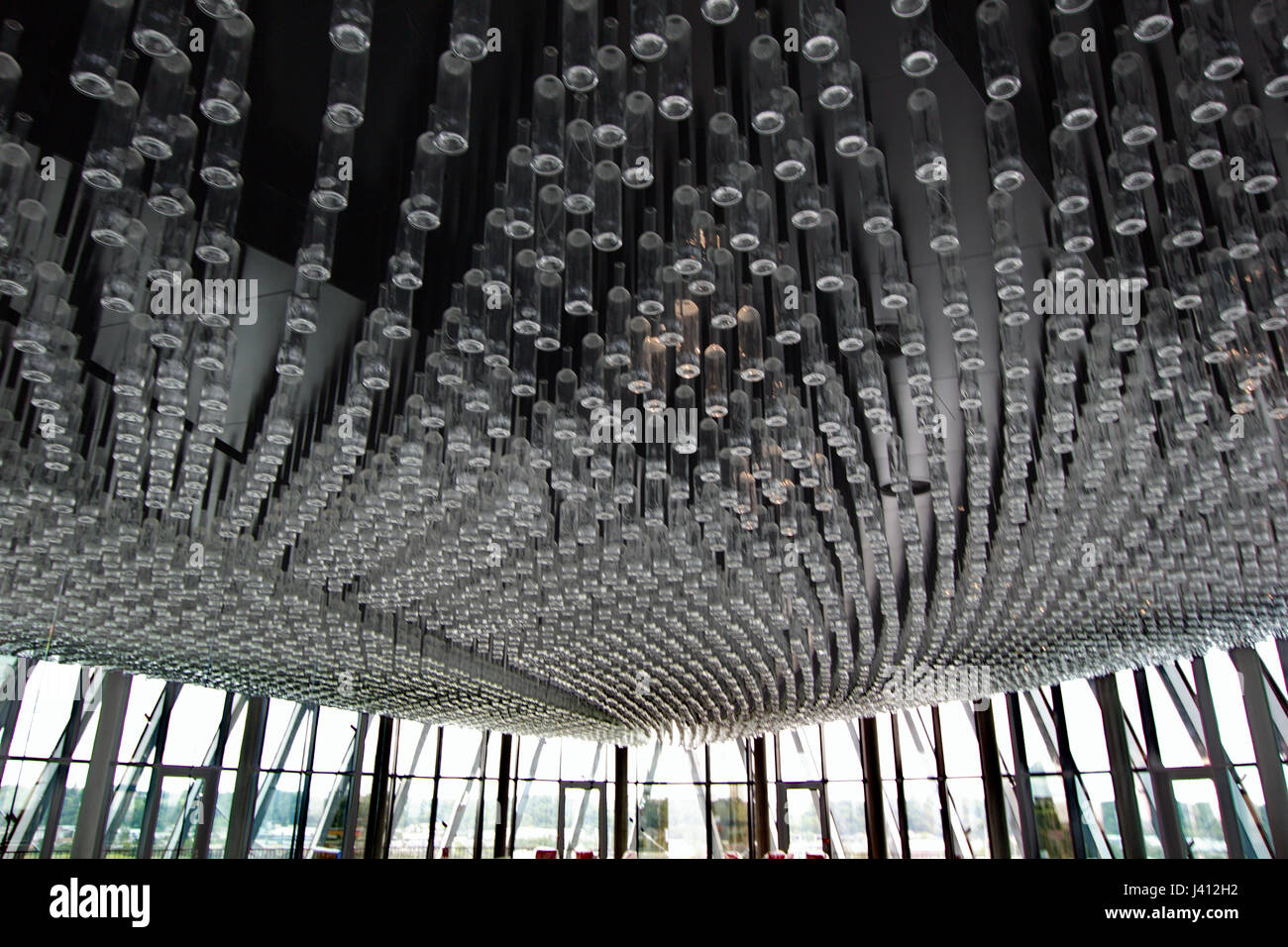 The ceiling of the top floor bar of the Cite Du Vin wine museum in ...