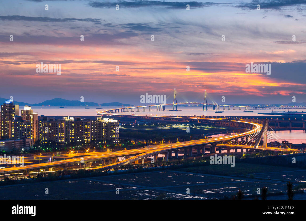 Incheon bridge at Sunset in Aerial view, South Korea Stock Photo - Alamy
