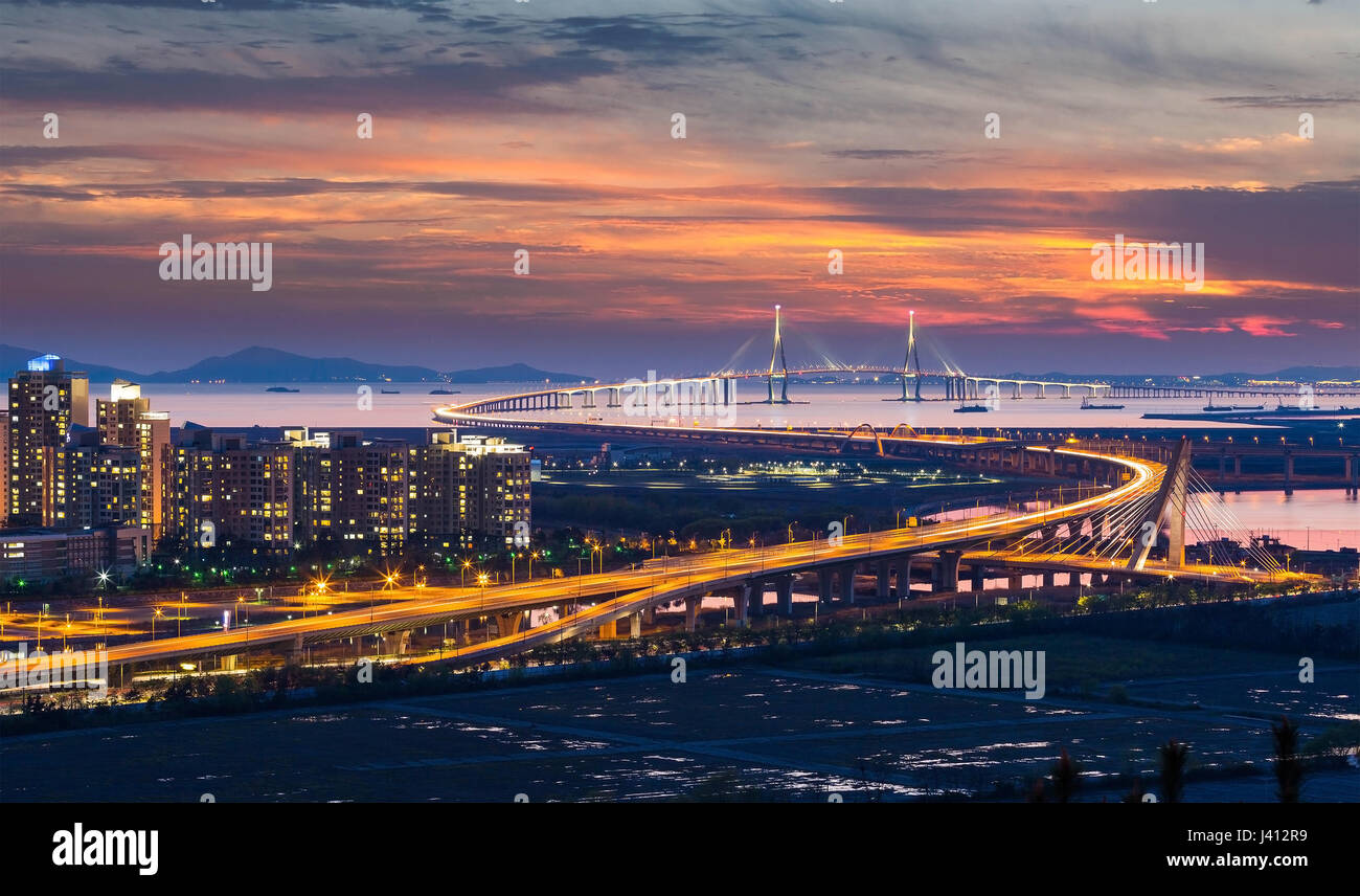 Incheon bridge at Sunset in Aerial view, South Korea Stock Photo - Alamy