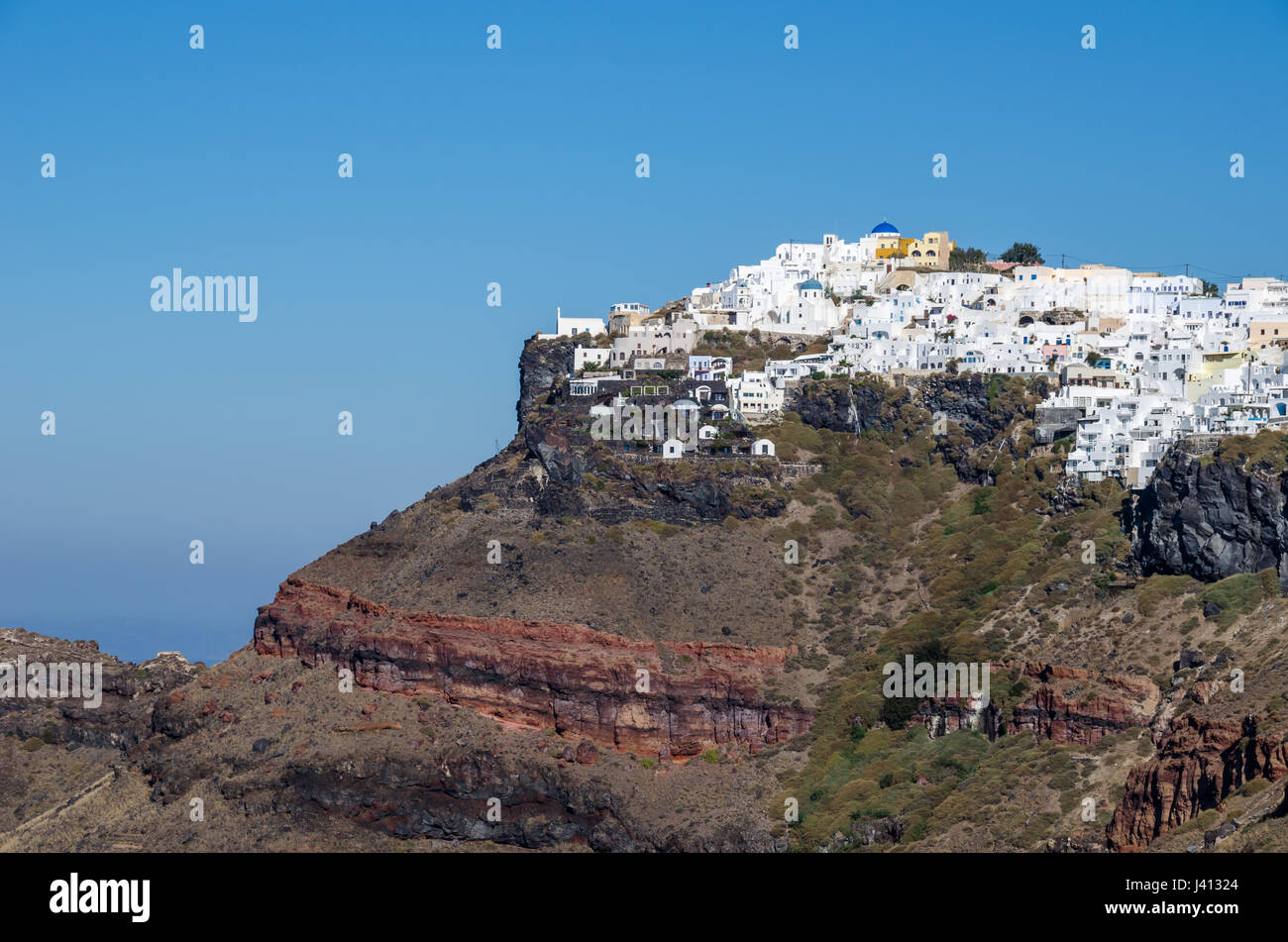 View of Thira, the greek town on the volcanic island Santorini with its ...