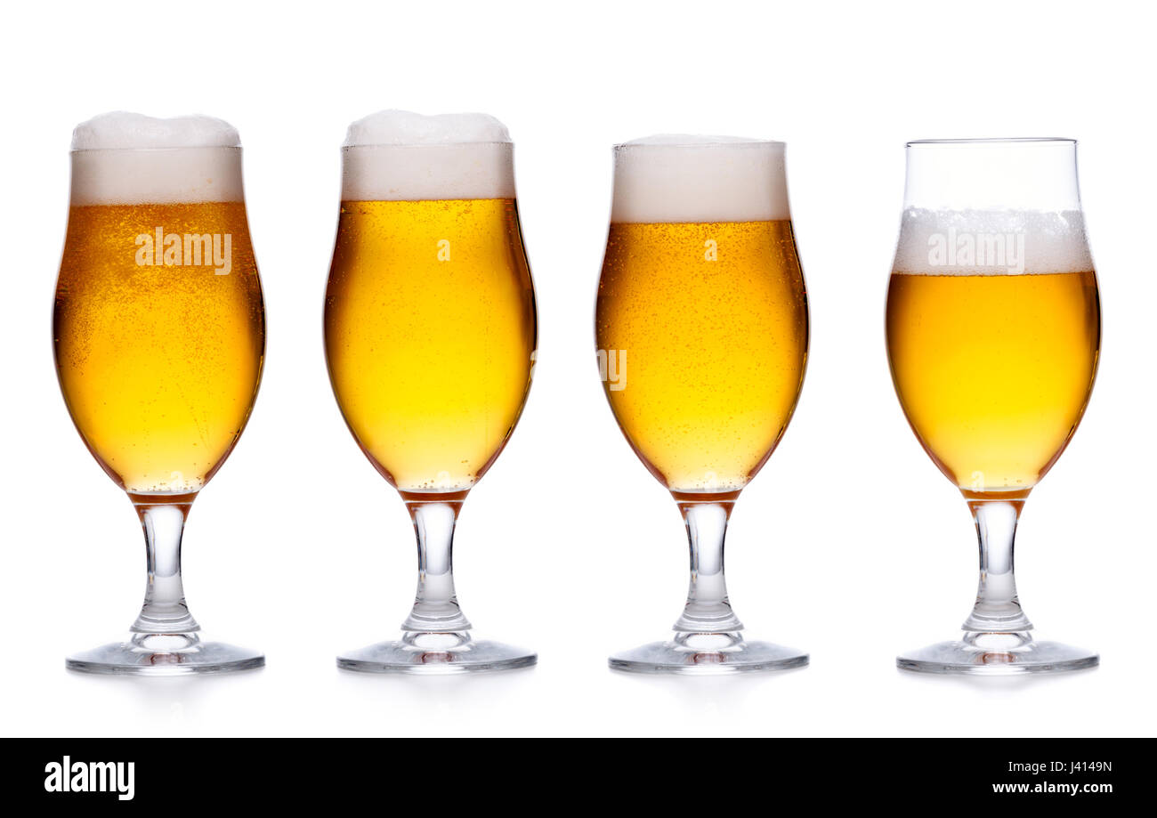 set of glass of cold light beer with foam on white background Stock ...