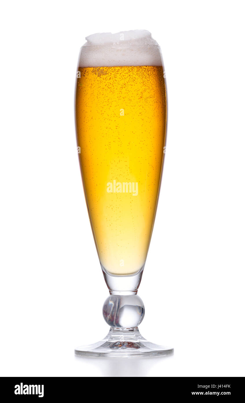 Beer glass filled with light beer. Full glass with foam on white ...