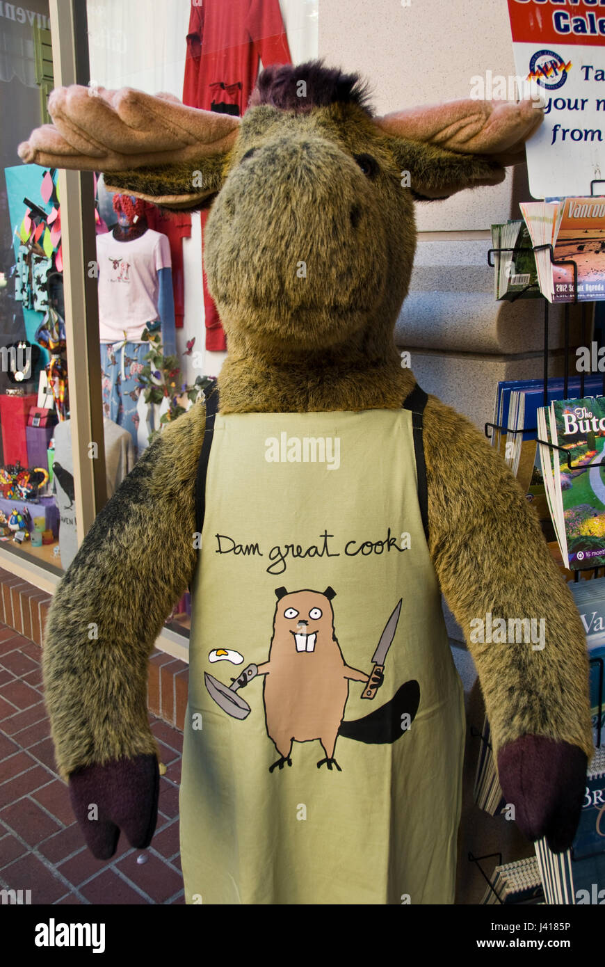 A large stuffed moose wears an apron at a tourist shop on Store Street ...