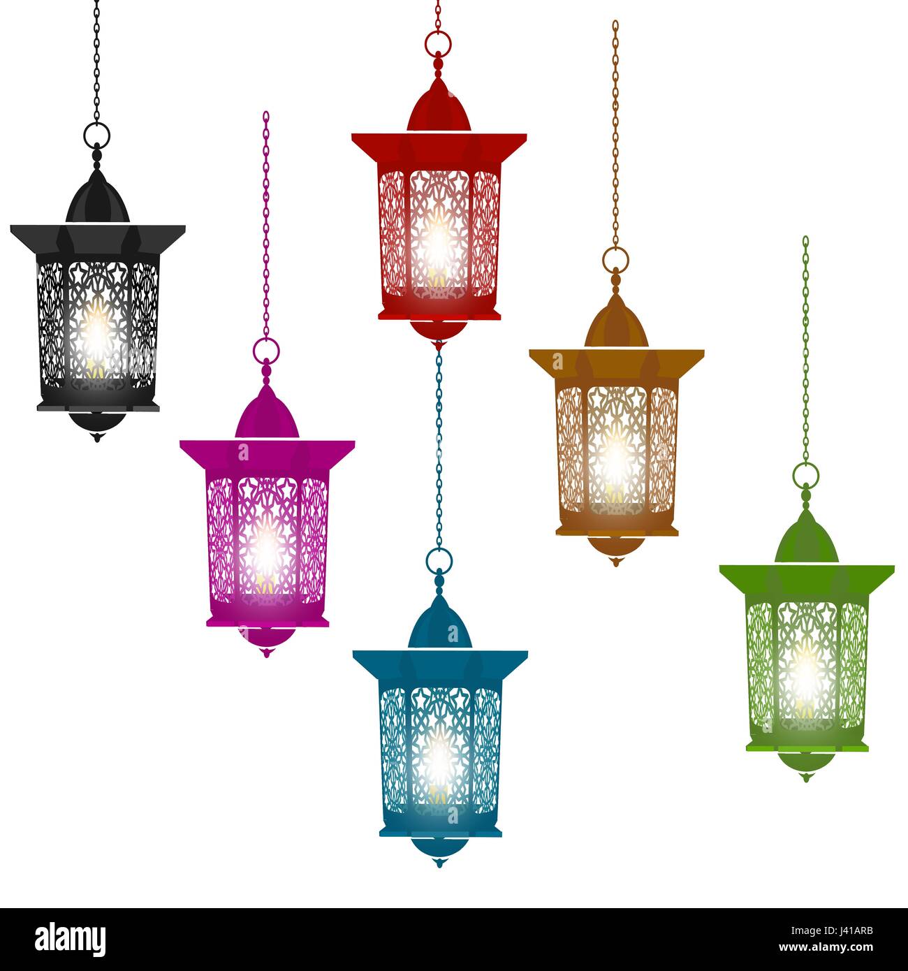 Ramadan Kareem. Six multi-colored lanterns in oriental style hang on ...