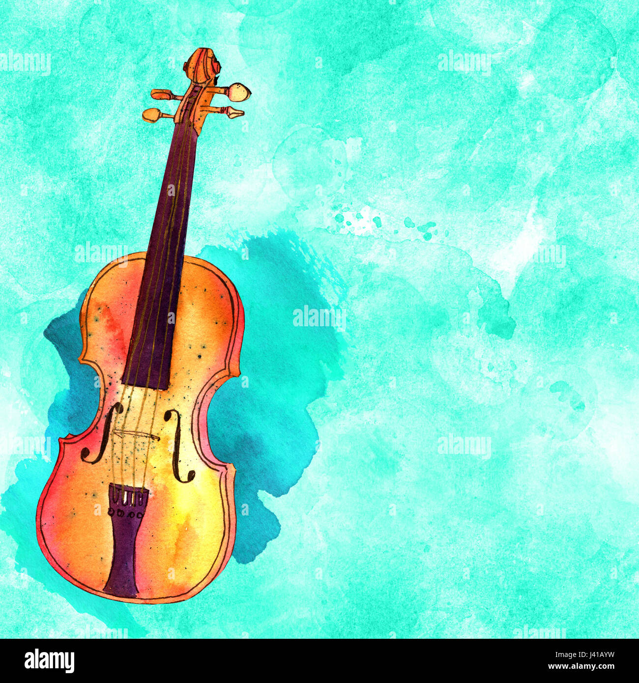 A watercolour and ink drawing of a violin, with paint splashes, on a ...