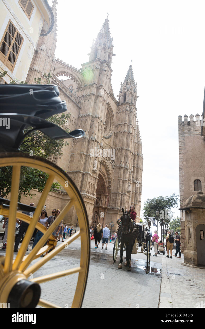 horse carts near cathedral La Seu, Palma de Mallorca, Majorca, Balearic ...