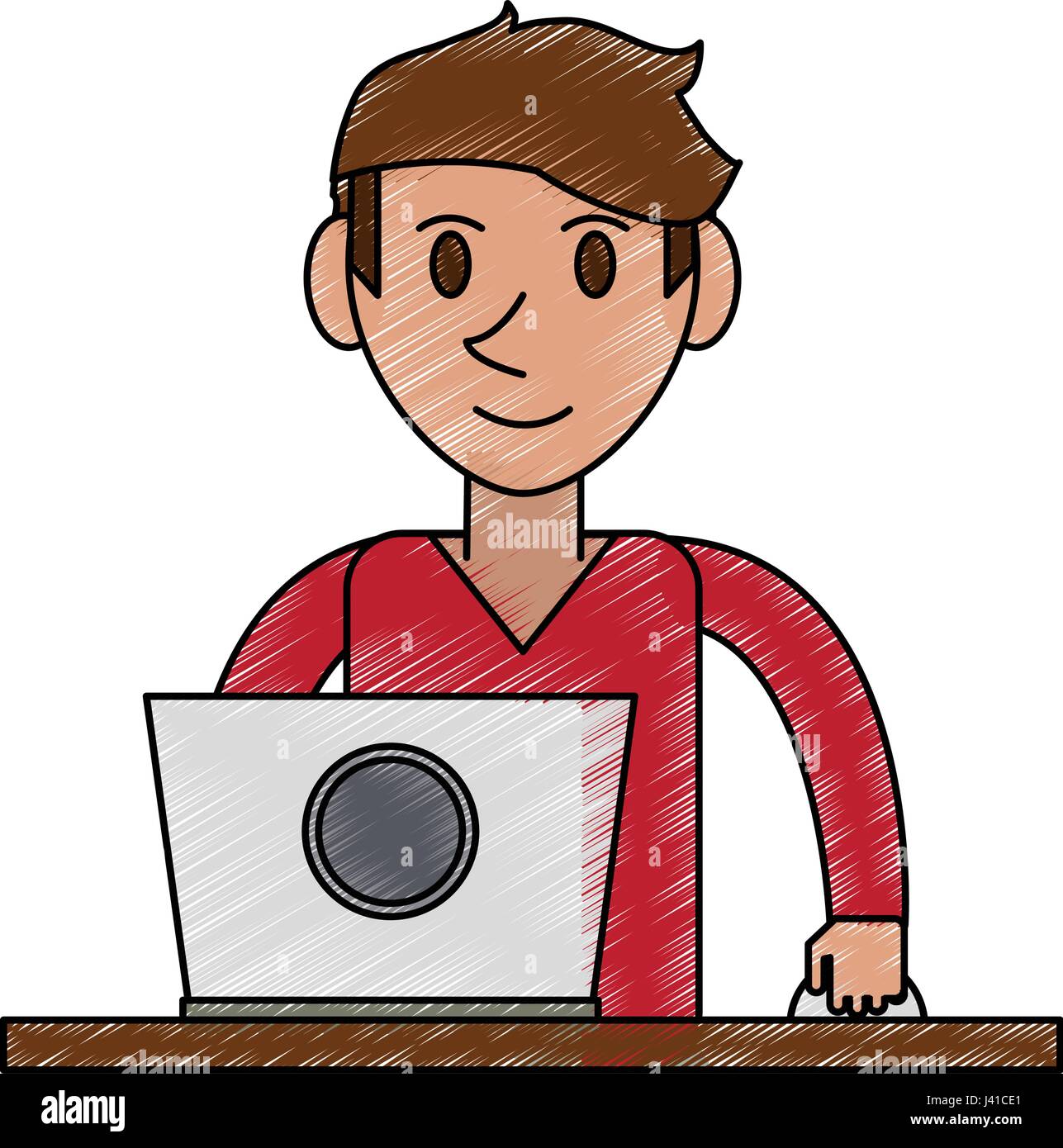 color pencil cartoon front view half body guy with laptop computer ...