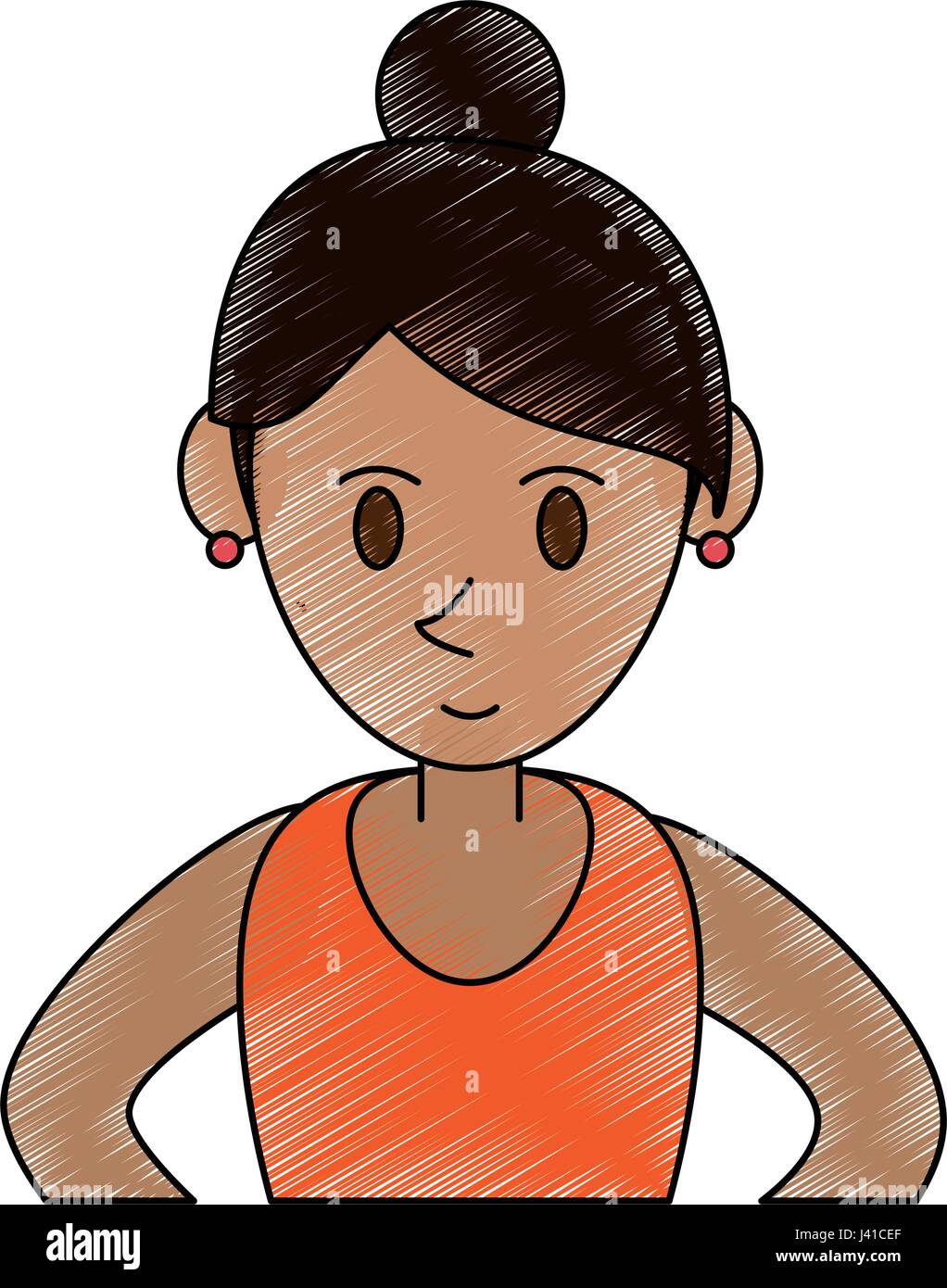 color pencil cartoon half body woman with collected hairstyle and ...