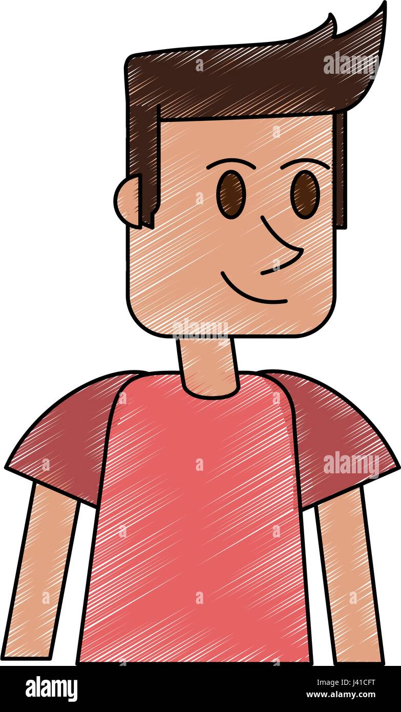 color pencil cartoon front view half body guy with t-shirt and ...