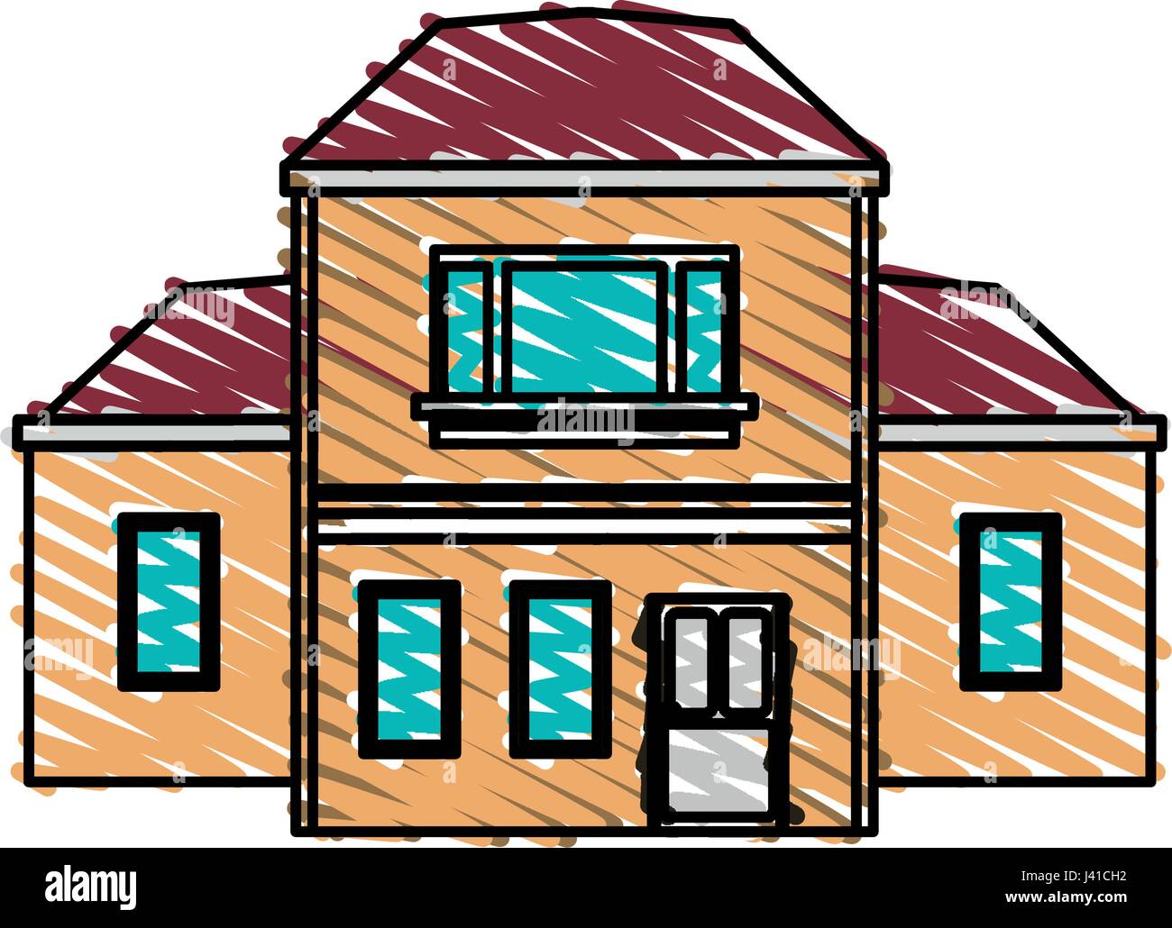 color crayon stripe cartoon facade two house floors with several rooms ...