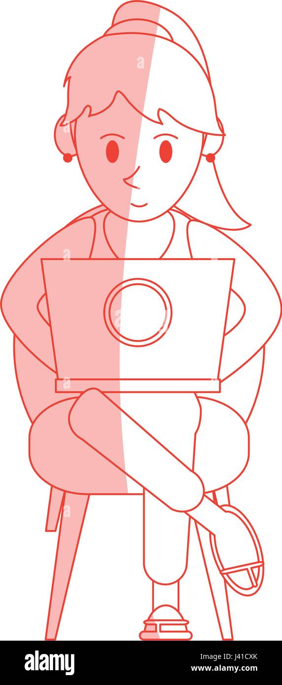 red shading silhouette cartoon woman sitting in chair with laptop Stock ...