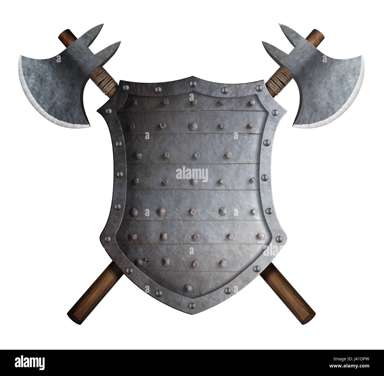 metal spiked shield and two crossed battle axes 3d illustration Stock ...