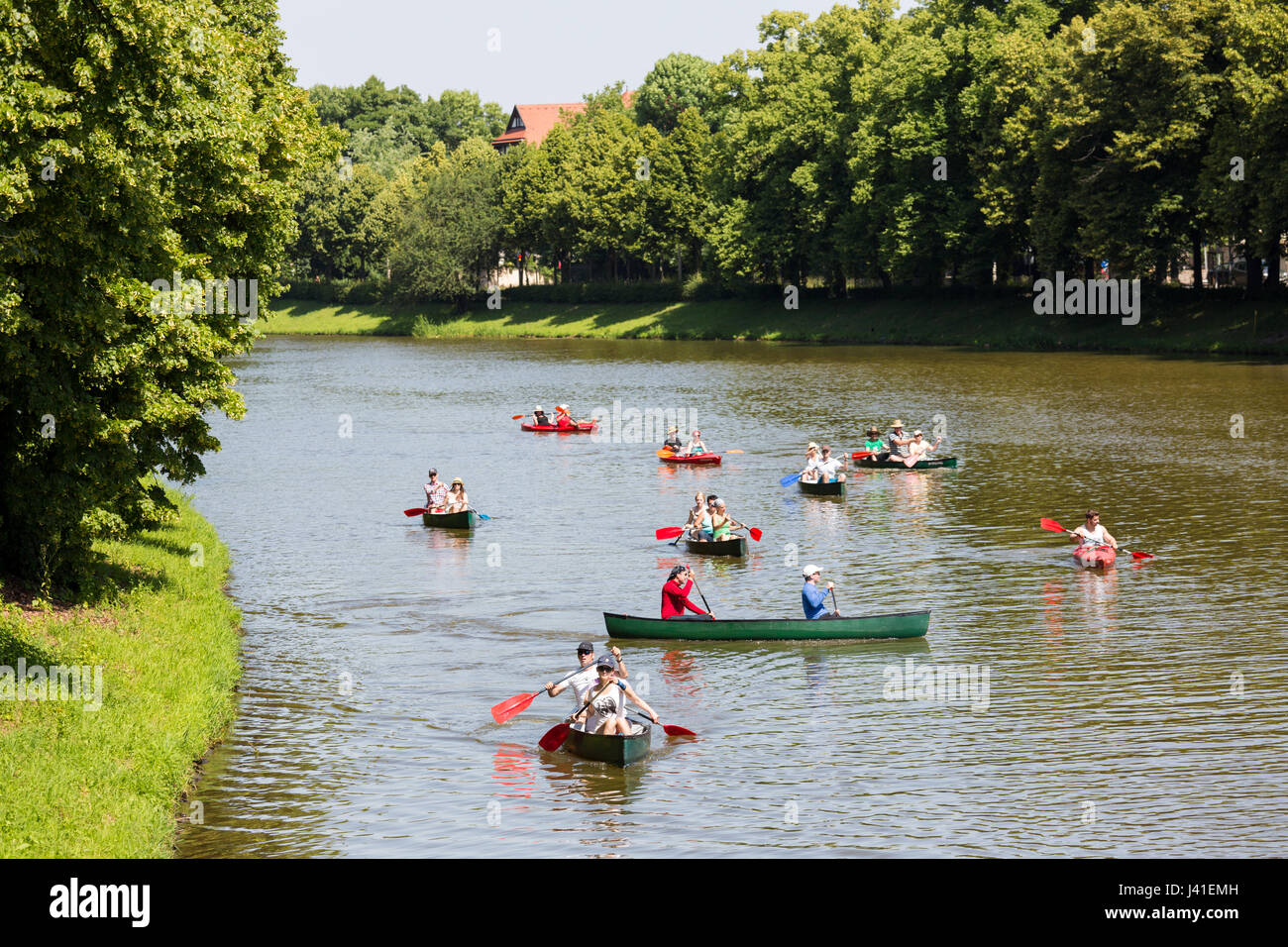 Boating on river Weisse Elster, Plagwitz, Leipzig, Saxony, Germany ...