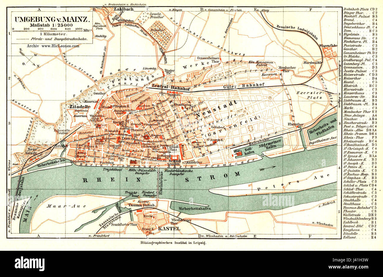 A historical map of Mainz, Germany, from the year 1898. This detailed ...