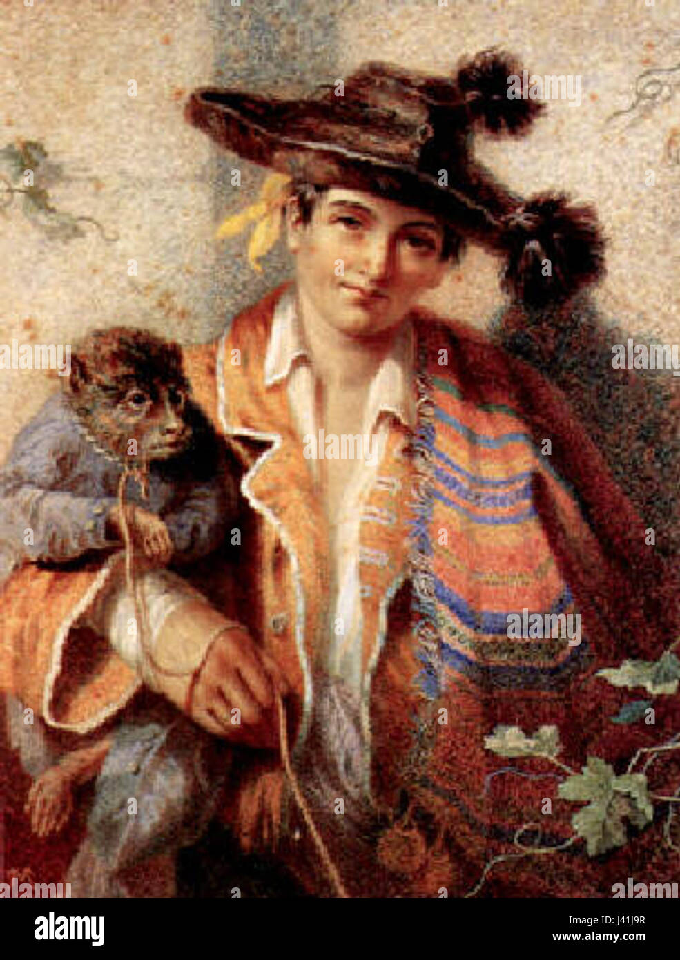 This image depicts a Spanish traveling musician with his monkey ...