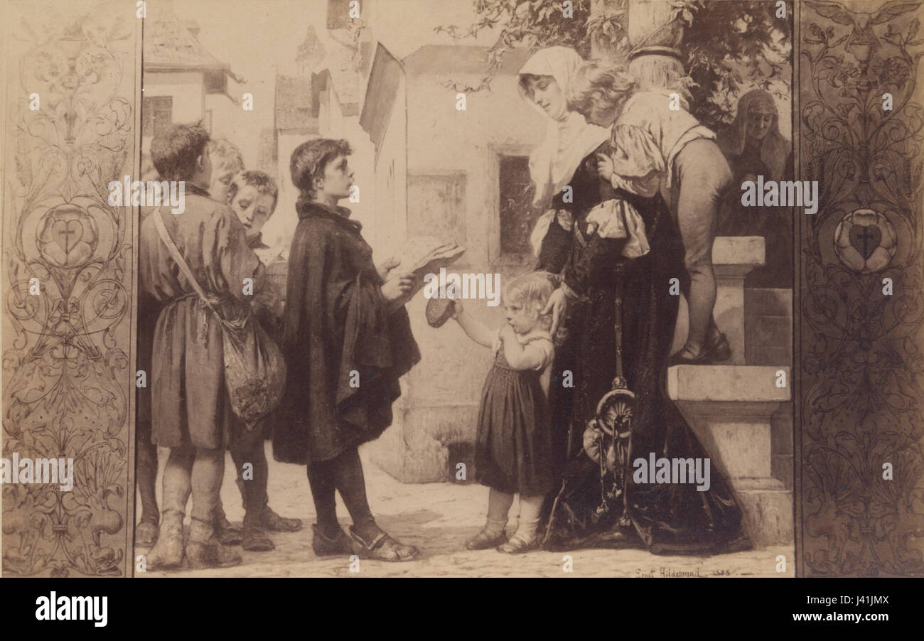 This image depicts Martin Luther as a young schoolboy before Frau Cotta ...