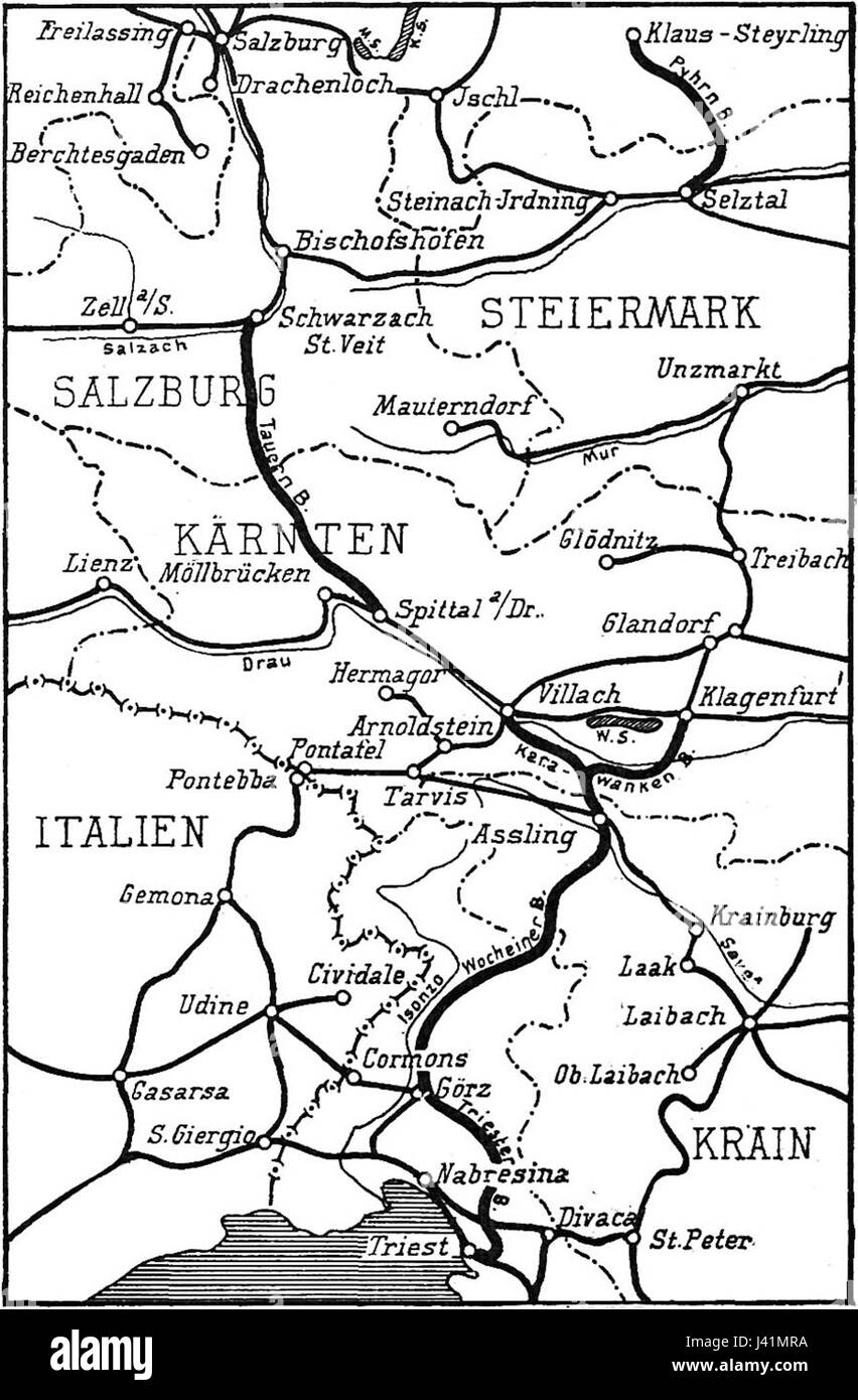 The 1921 map of the Tauernbahn illustrates the railway's layout ...