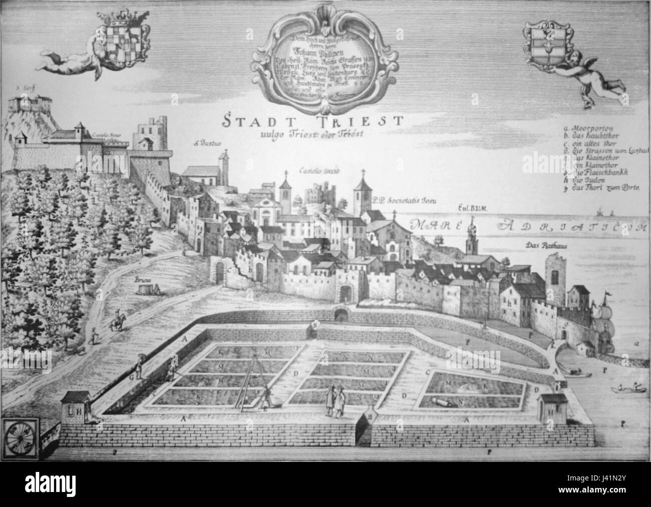 The image presents a historical representation of Mesto Trst, a city in ...
