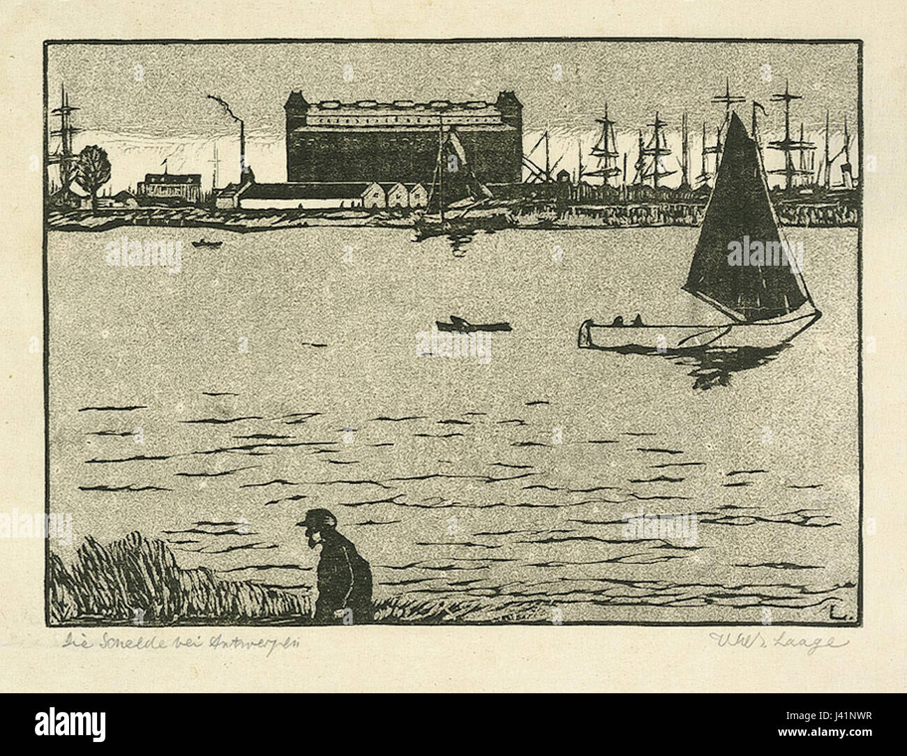 This artwork or image shows the Schelde River near Antwerp, a vital ...