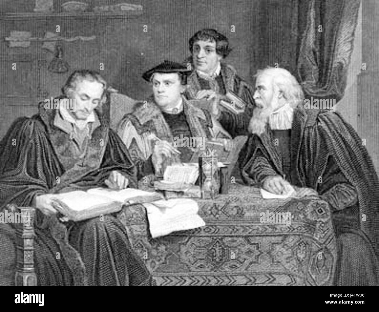 A depiction of Martin Luther and his associates, Pomeranus and Cruciger ...