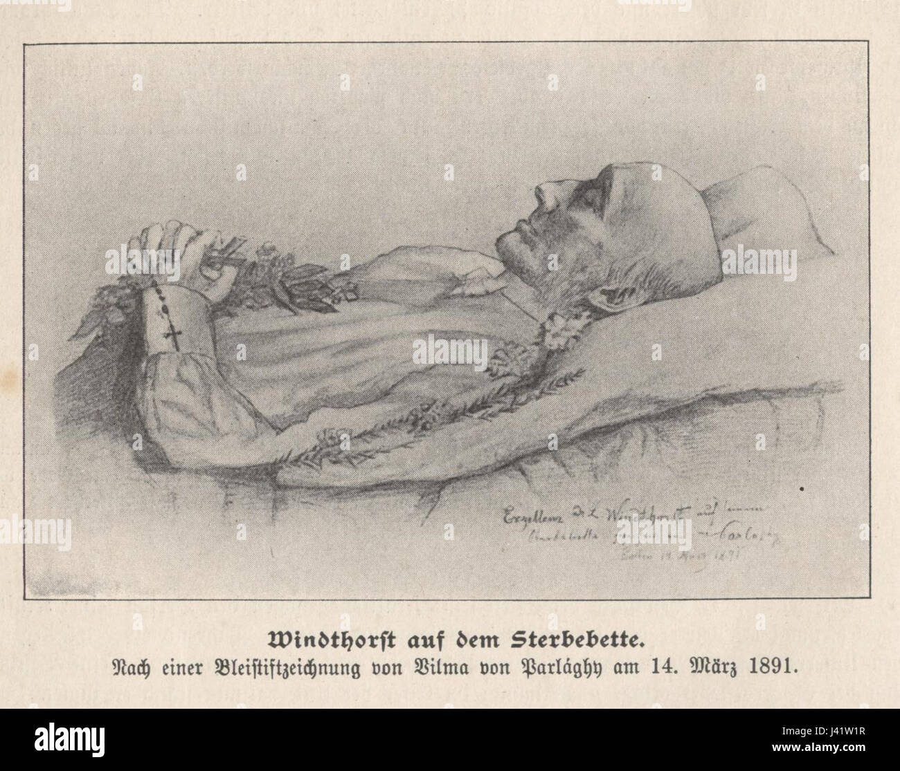 This artwork depicts Ludwig Windthorst on his deathbed, illustrating ...