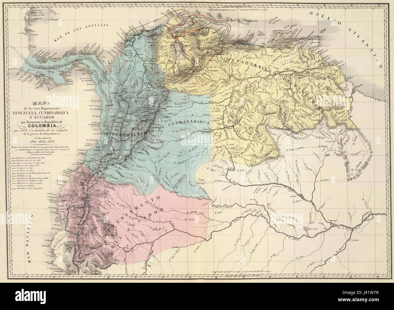 A historical map from 1821 depicting Venezuela, New Granada, and Quito ...