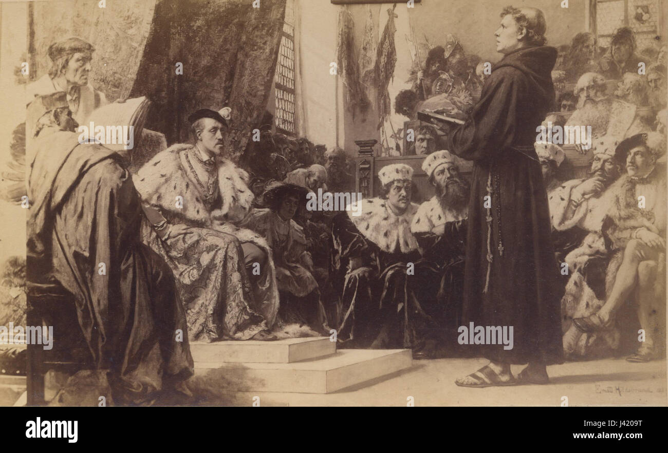 The image depicts Martin Luther presenting his views before Holy Roman ...