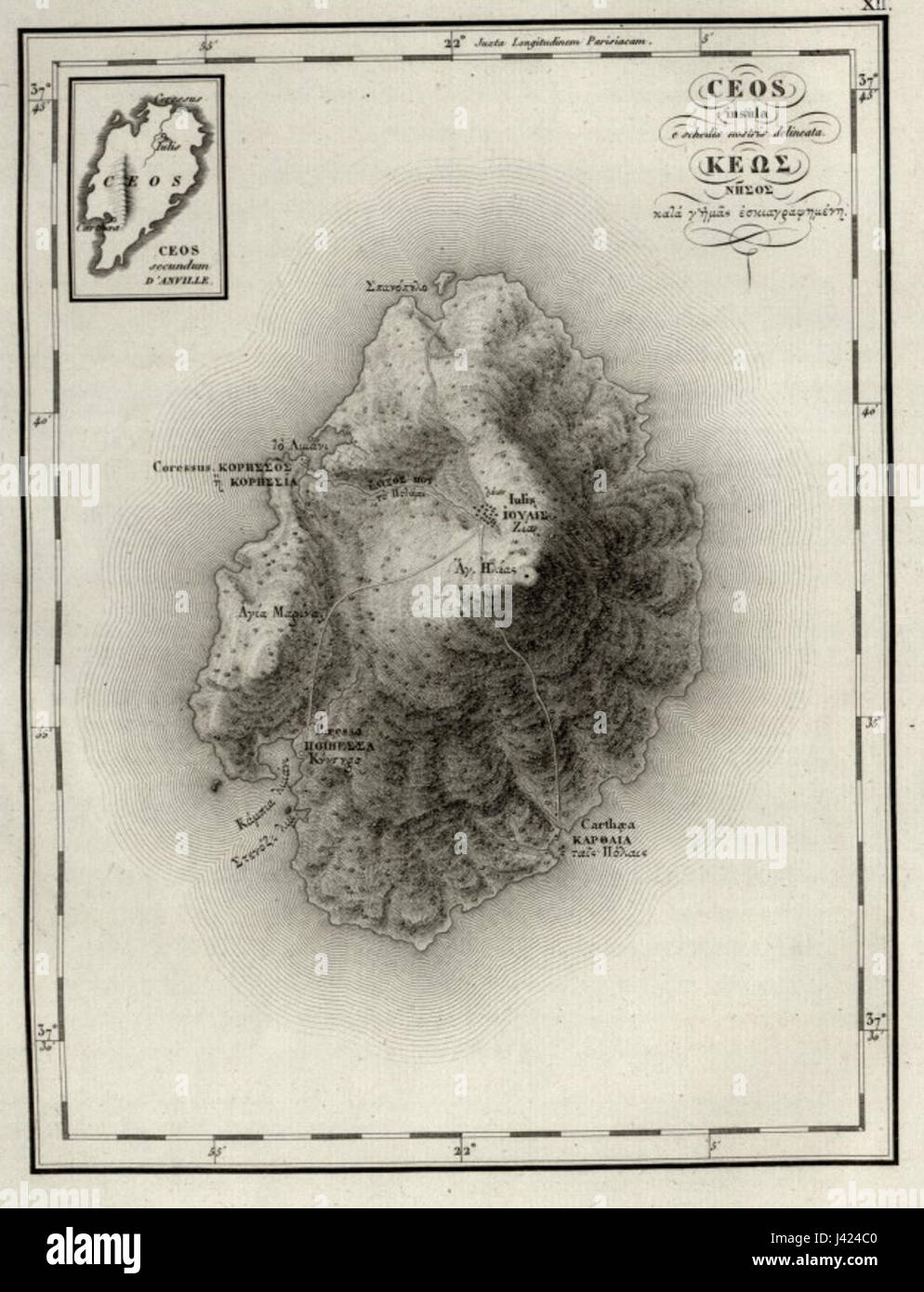 A historical map of Kea, an island in the Aegean Sea, from 1826. The ...