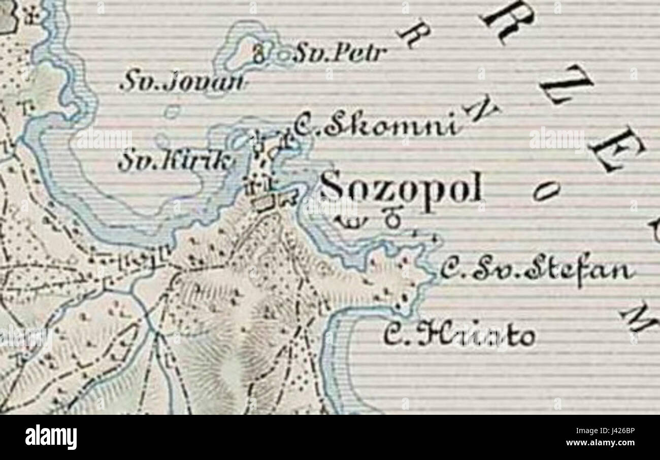 This map detail shows Sozopol, a historic town on the Black Sea coast ...
