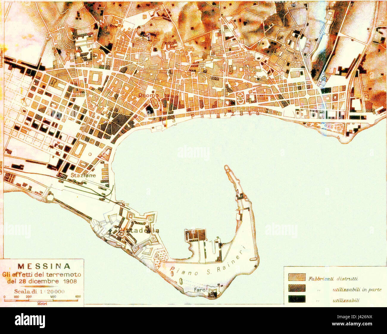 A historical map depicting the city of Messina, Italy, with ...