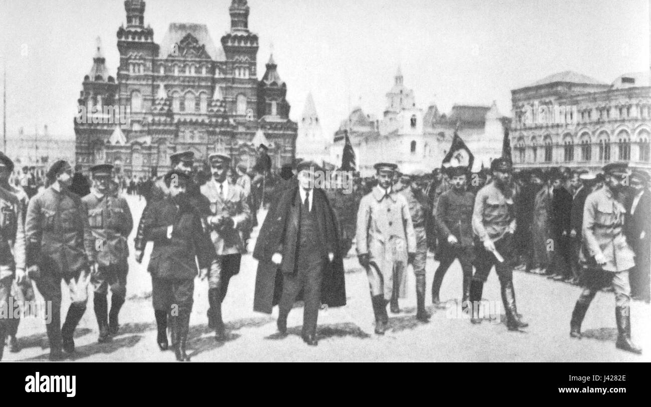 This photograph shows Lenin during the 1919 Vseobuch parade in Moscow ...