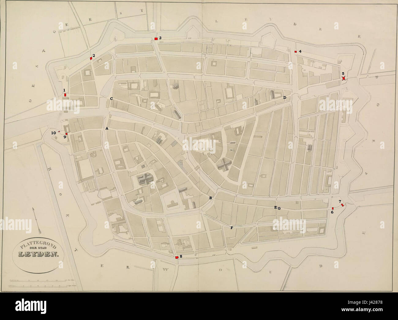 This map depicts the city gates of Leiden, a historical city in the ...
