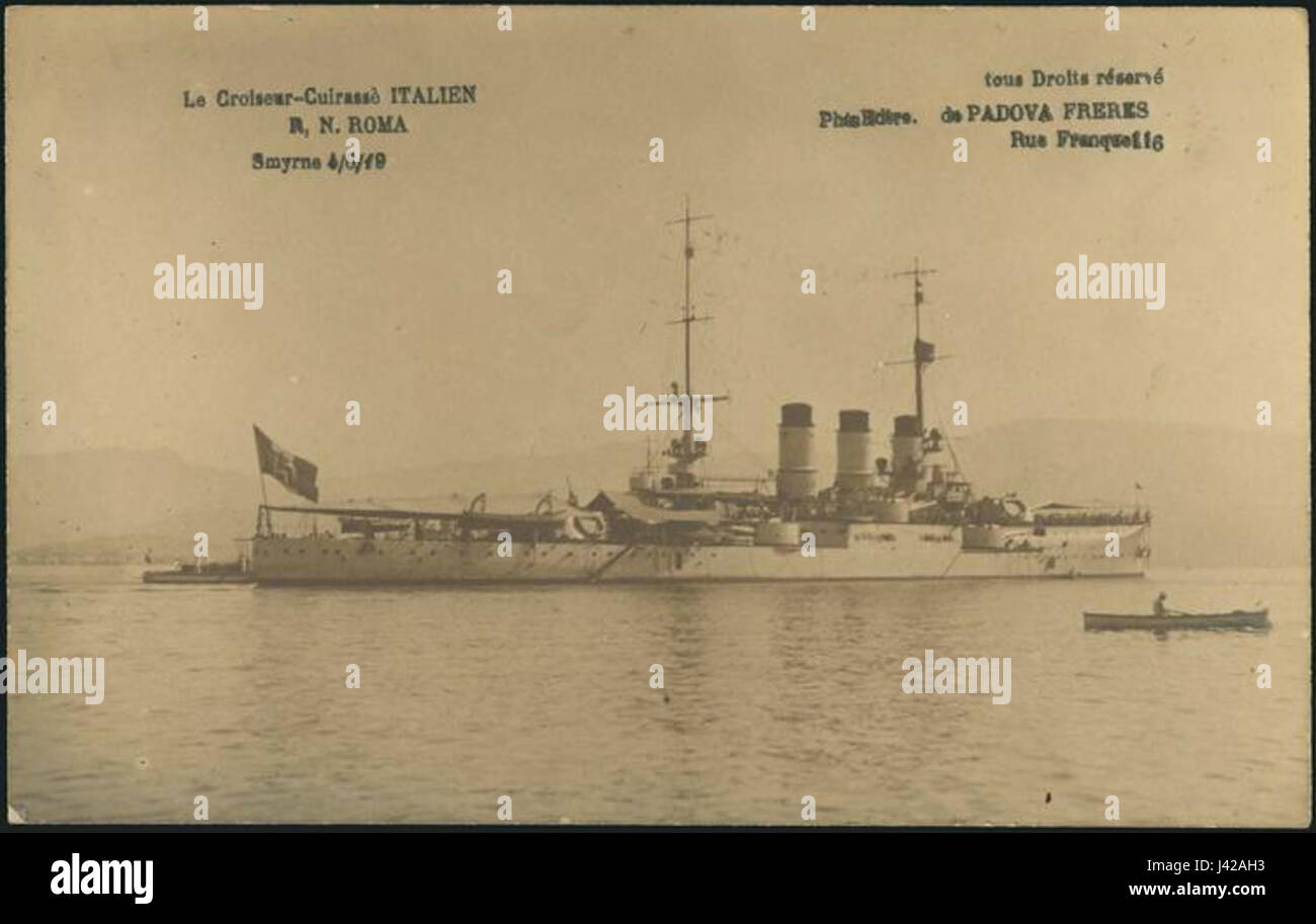The 'La Croiseur Cuirasse Italien Roma' was an Italian battleship, seen ...