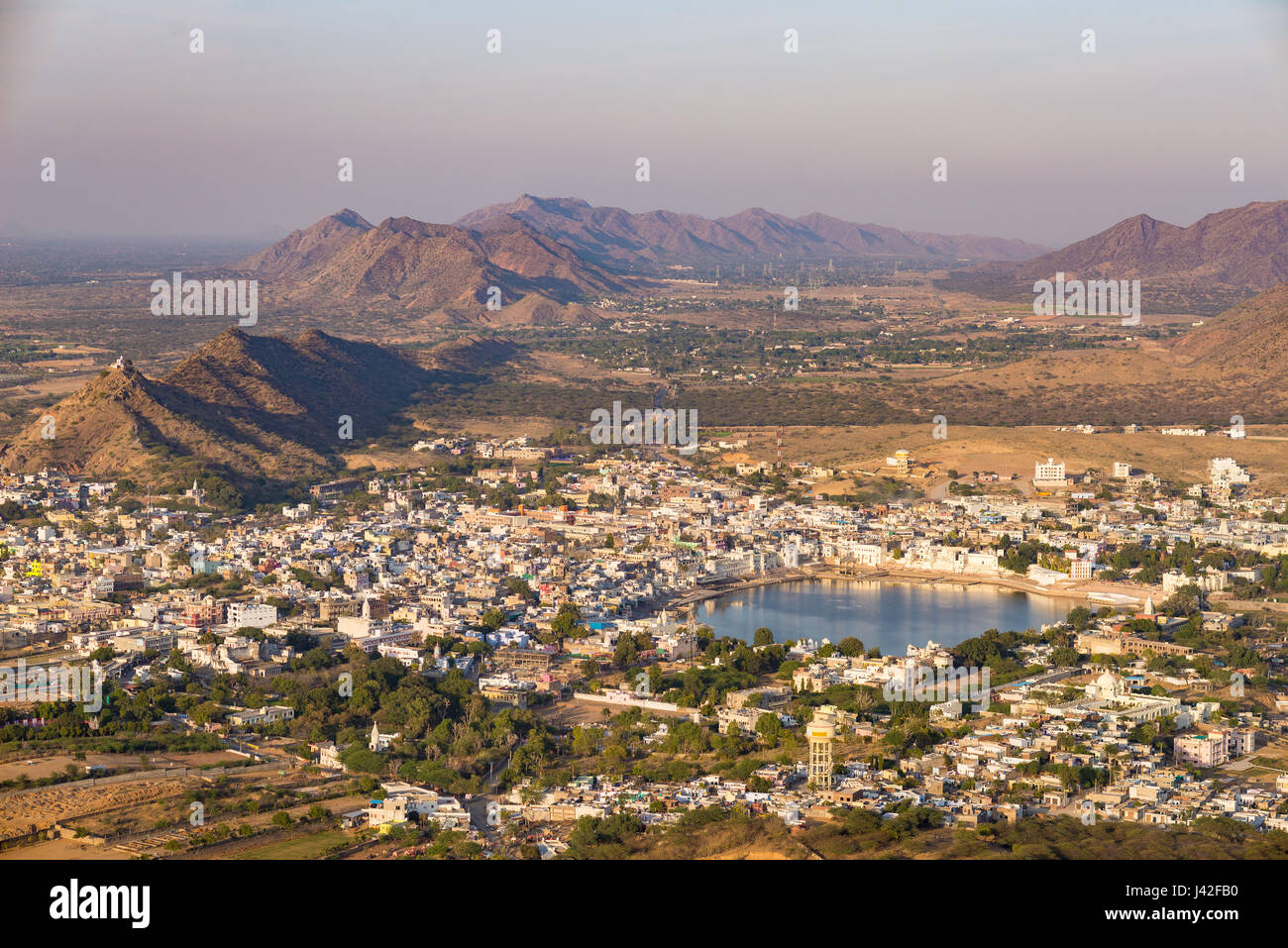 Aerial view of Pushkar, the town with the holy lake and the surrounding ...