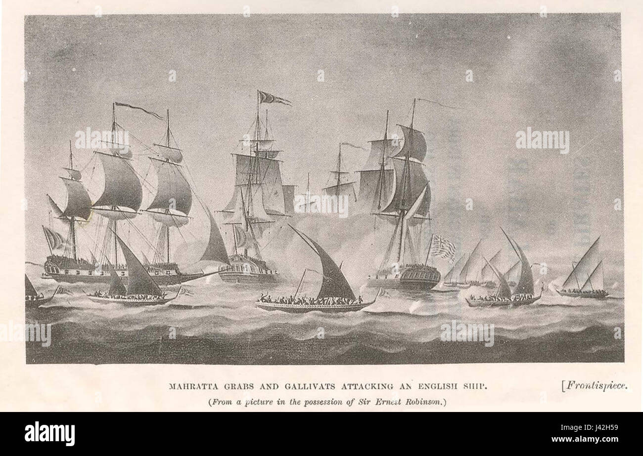 This historical depiction shows Maratha naval forces, using grabs and ...