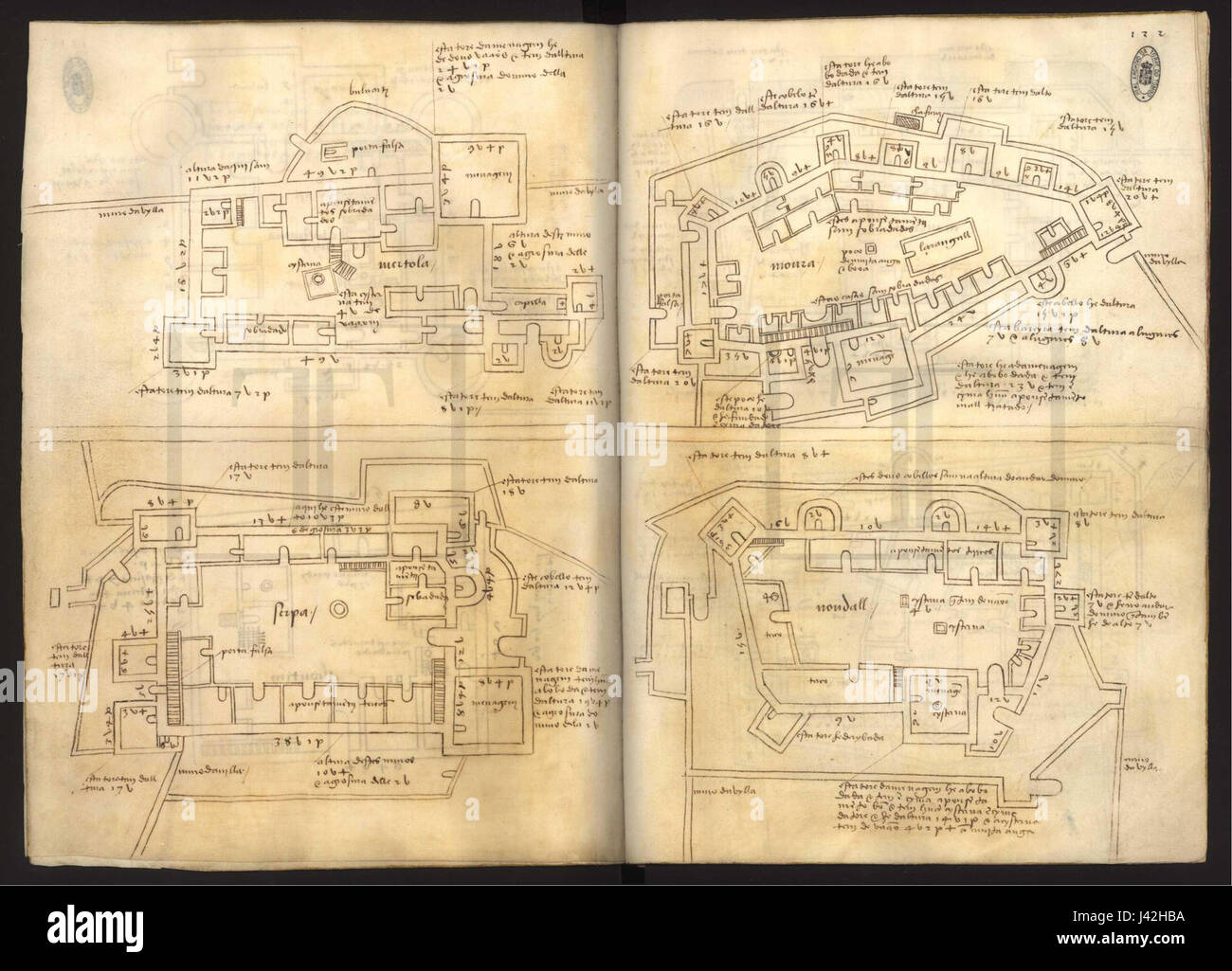 Maps from the 'Livro das Fortalezas', depicting fortresses in Mértola ...